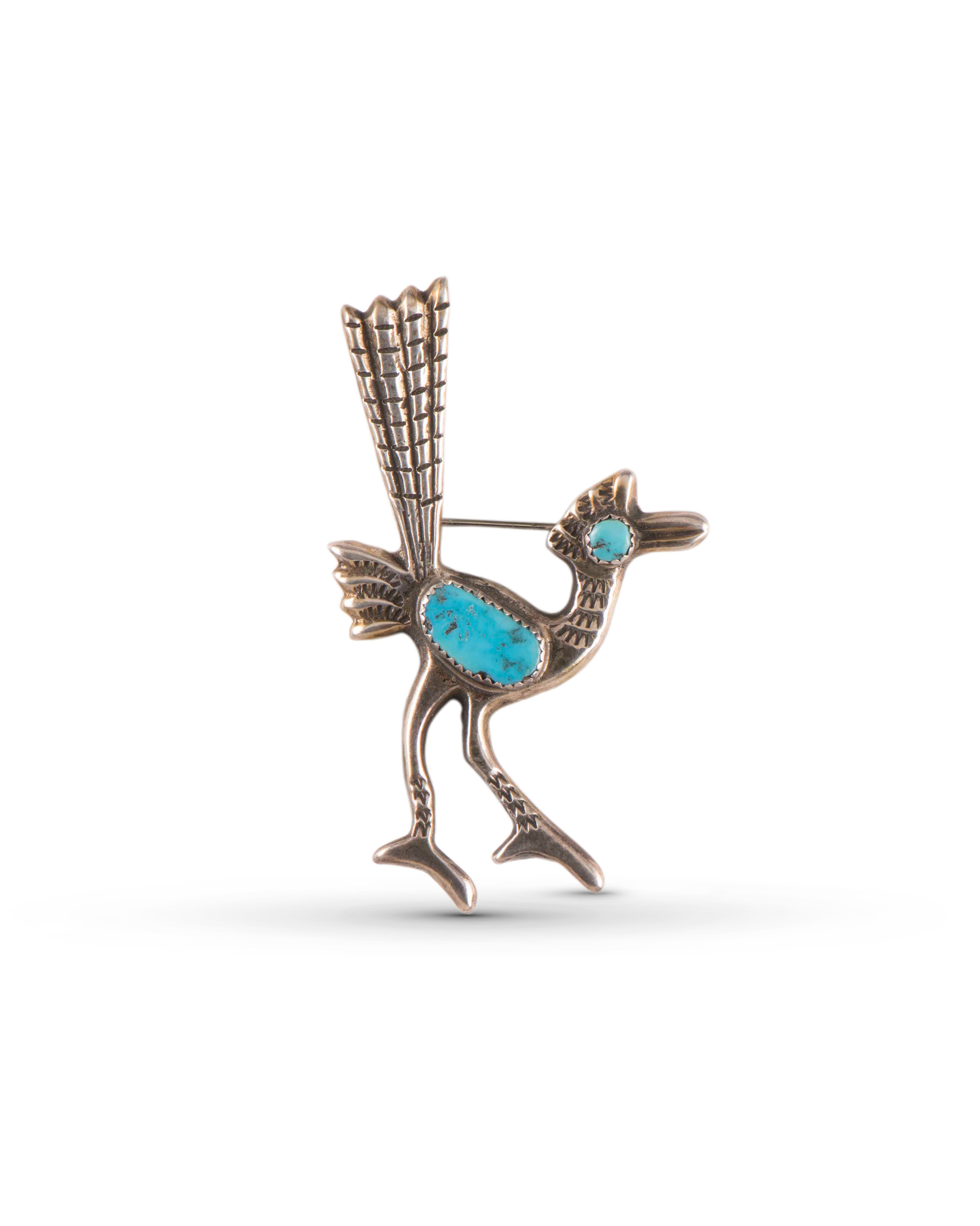 Vintage Navajo Cast Roadrunner Pin with Turquoise - Four Winds Gallery